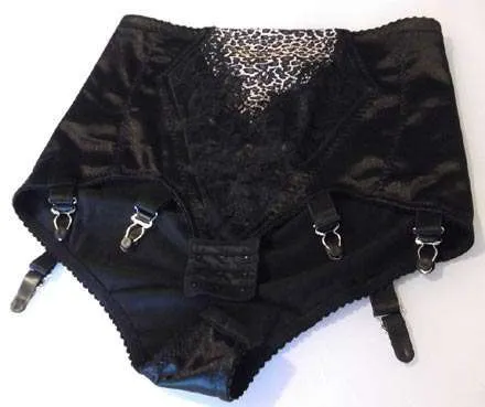 Black & Leopard Print Retro Panty Girdle with 6 Suspender Straps