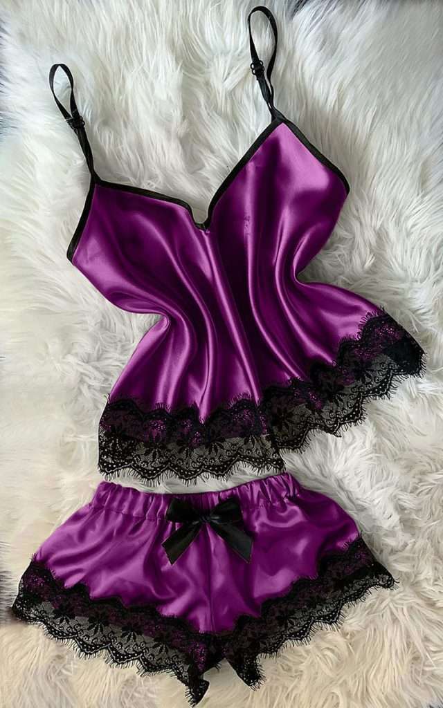 Satin Pyjamas Set in Red or Purple with Black Lace